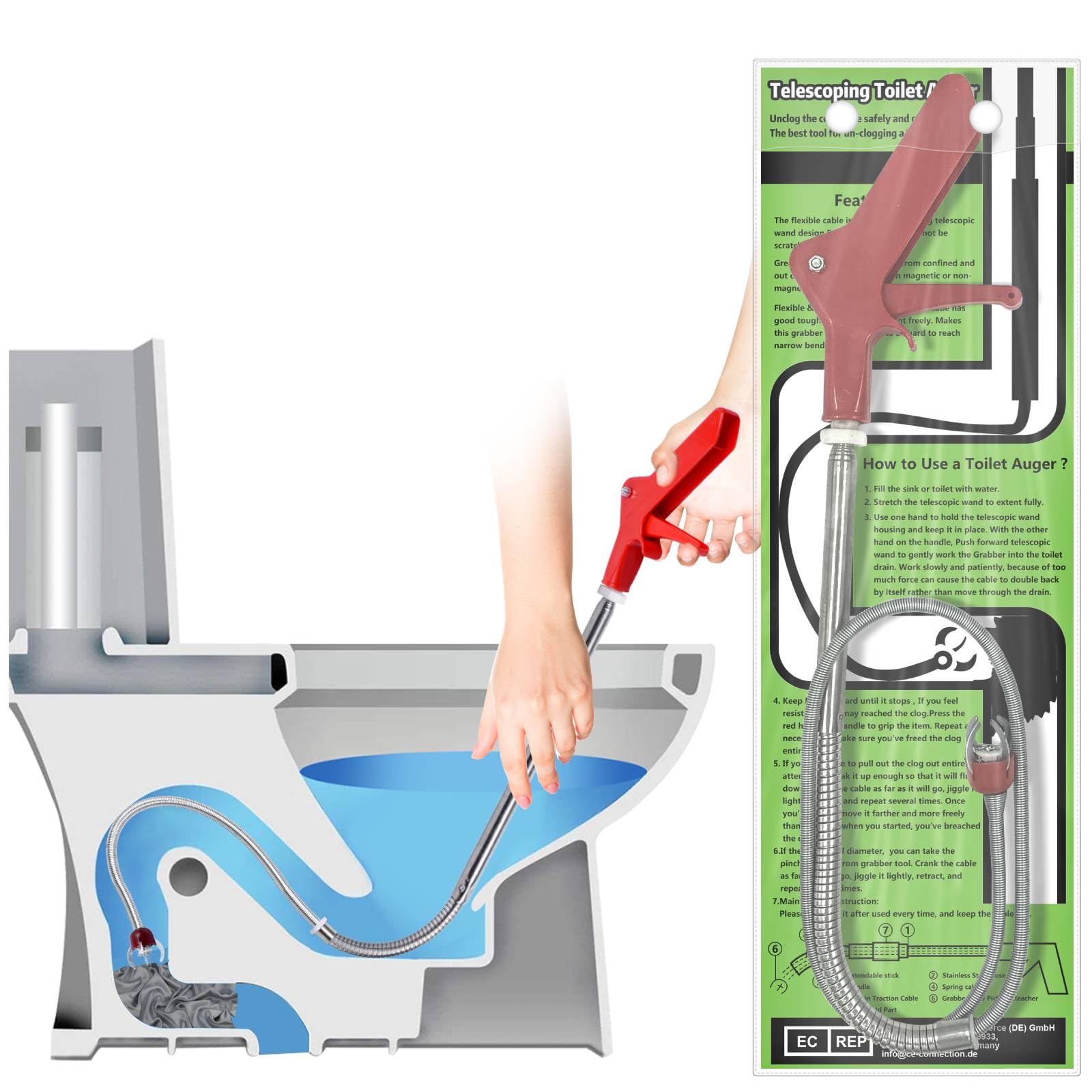 Buy 51 Inch Toilet Snake Drain Auger Cleaner Tool, Upgraded Grabber ...