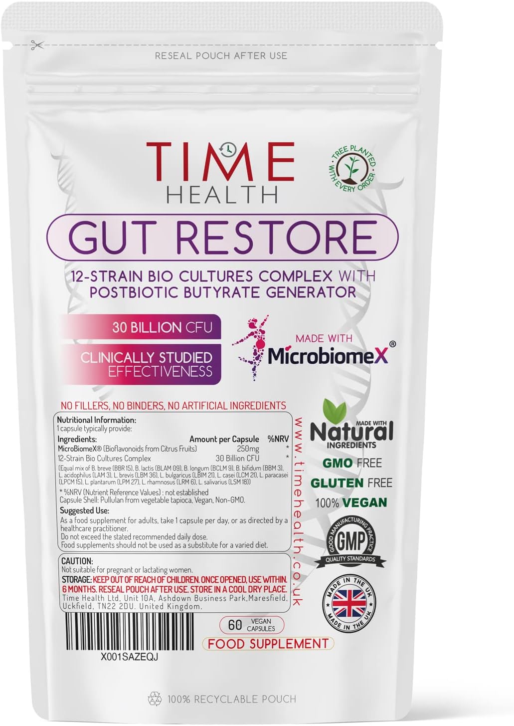 Time Health Gut Restore – 30 Billion CFU – Powerful 12 Strain Probiotic ...