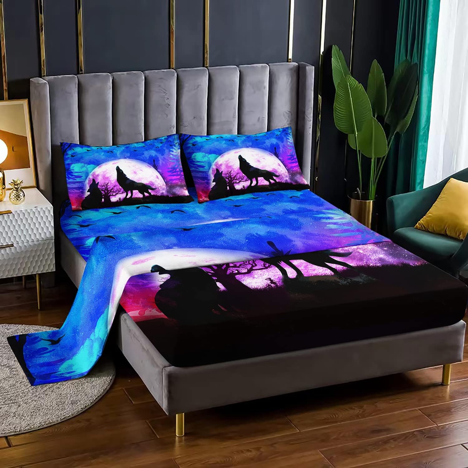 Amazon.com: XYNHML Wolf Bed Sheet Set 4Pcs Galaxy Night Moon Bedding ...