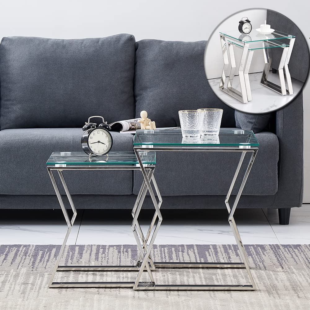 ZOONFA Glass Nest of Tables with 100% Stainless Steel Frame, Stackable ...