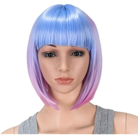 SWACC 10 Inch Blue Pink Ombre Multi-Colored Short Straight Bob Wig with ...