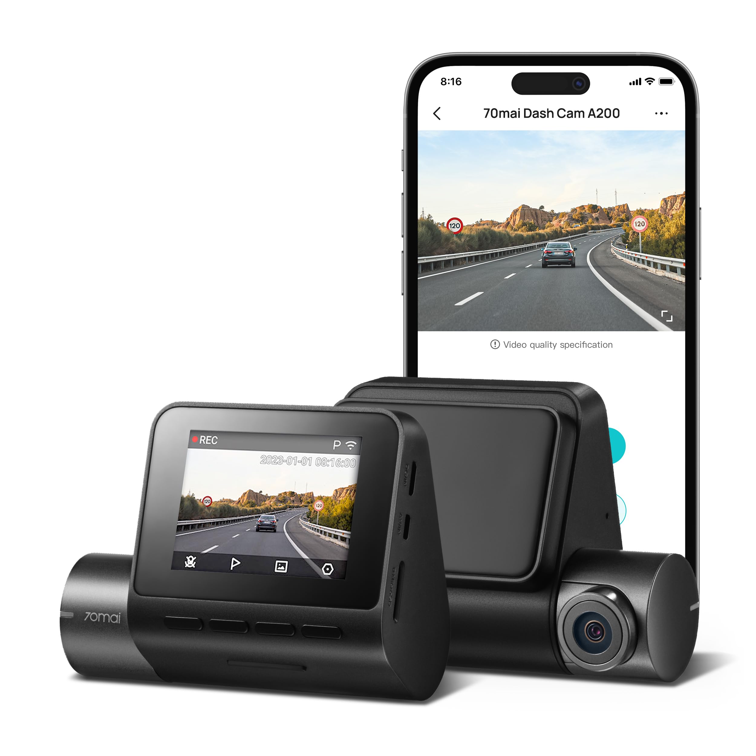 70mai Smart Dash Cam A200, Front Camera, Built-in WiFi GPS Smart Dash ...