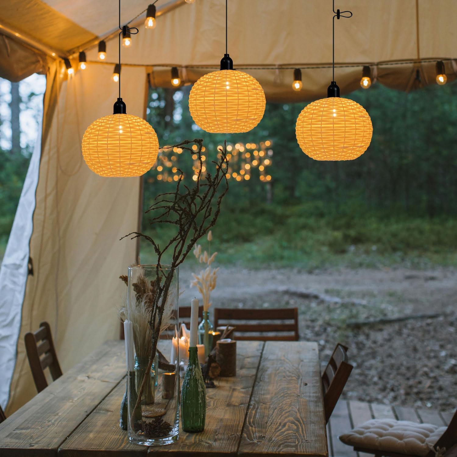 YIKEGE LICHT 3 x Boho Rattan Hanging Lamp with Battery Remote Control ...