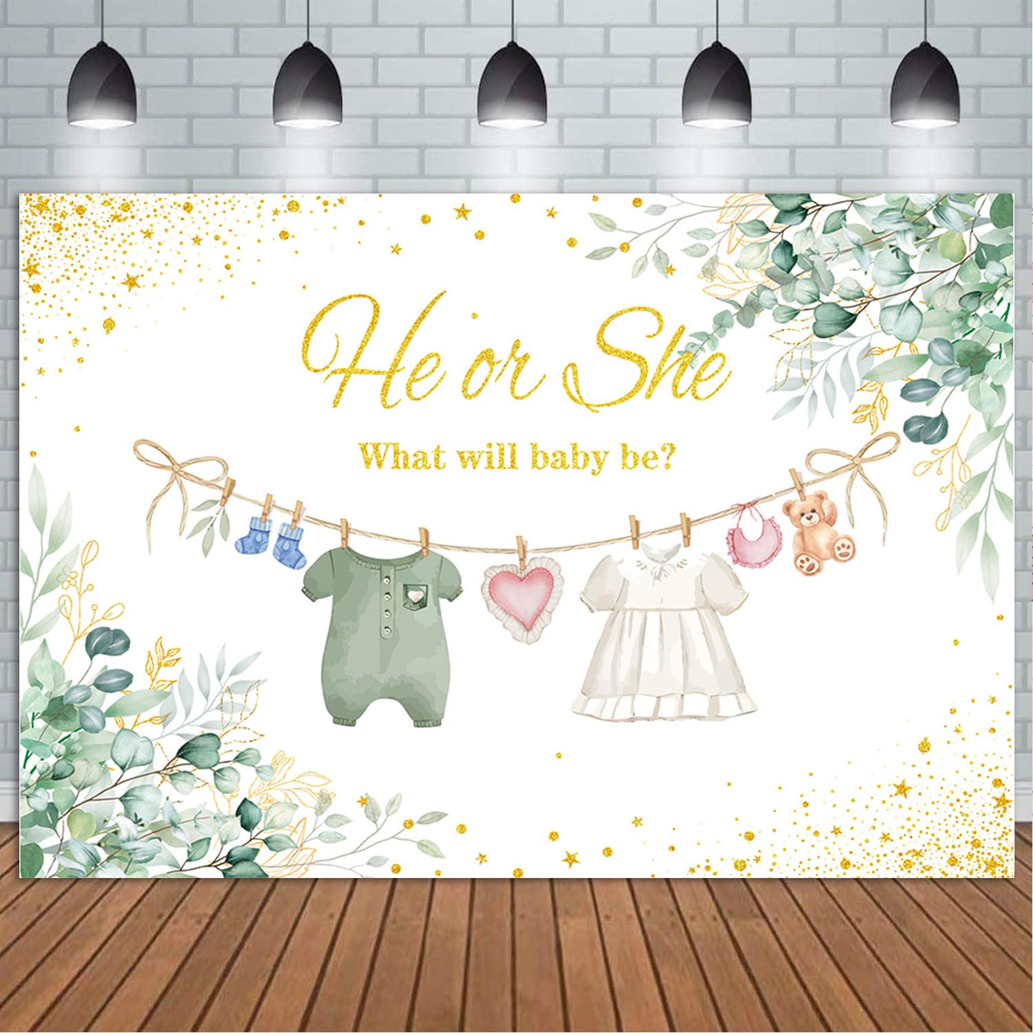 Amazon.com : Green Gender Reveal Backdrop Watercolor Leaves Gold Dots ...