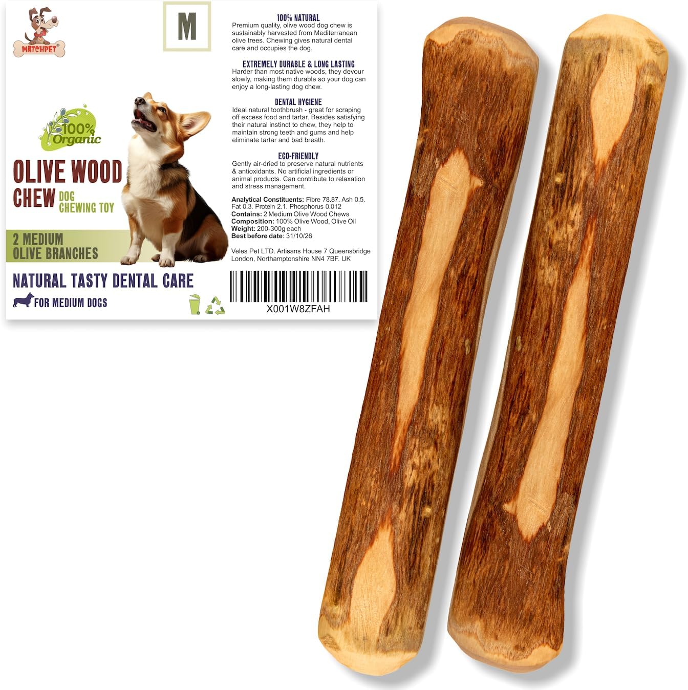 Matchpet Olive Wood Chew Stick for Dogs M - 2 Pack Durable Splinter ...