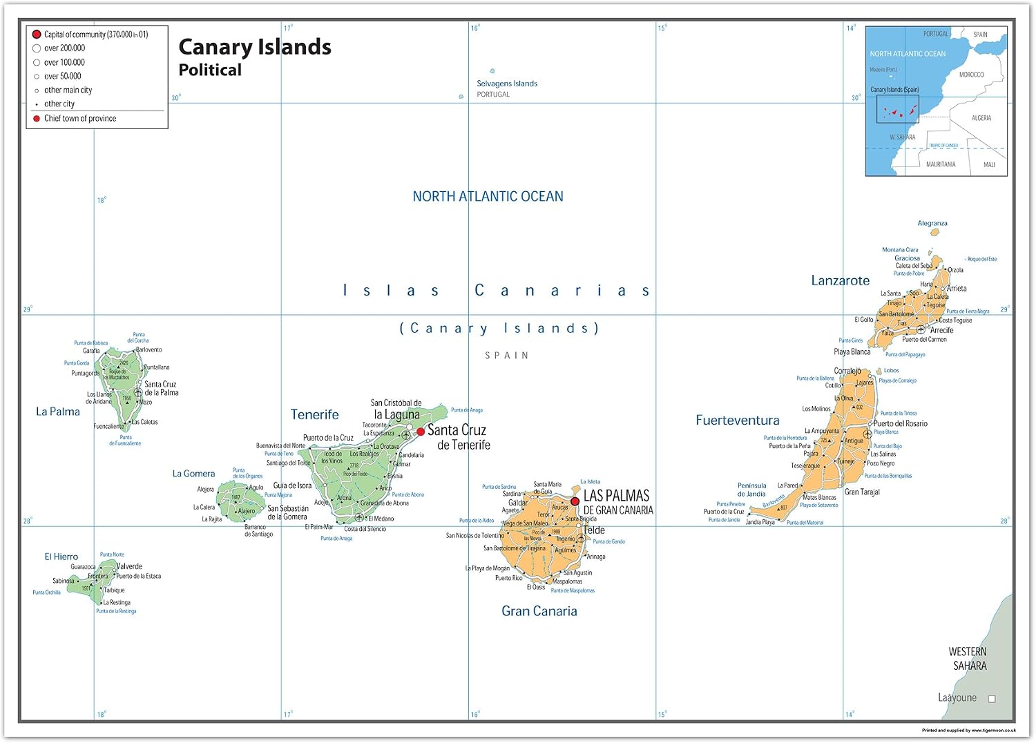 Political Map of The Canary Islands - Size A1-59.4 x 84.1cm - Paper ...