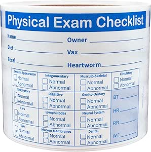 Physical Exam Checklist Veterinary Labels 3 x 4 Inch 100 Total Stickers ...