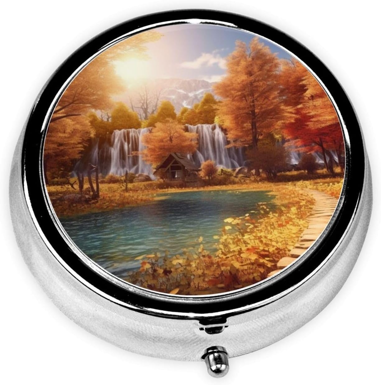 Amazon.com: Autumn Scene Pattern Pill Box Metal Round Small Pill Case ...