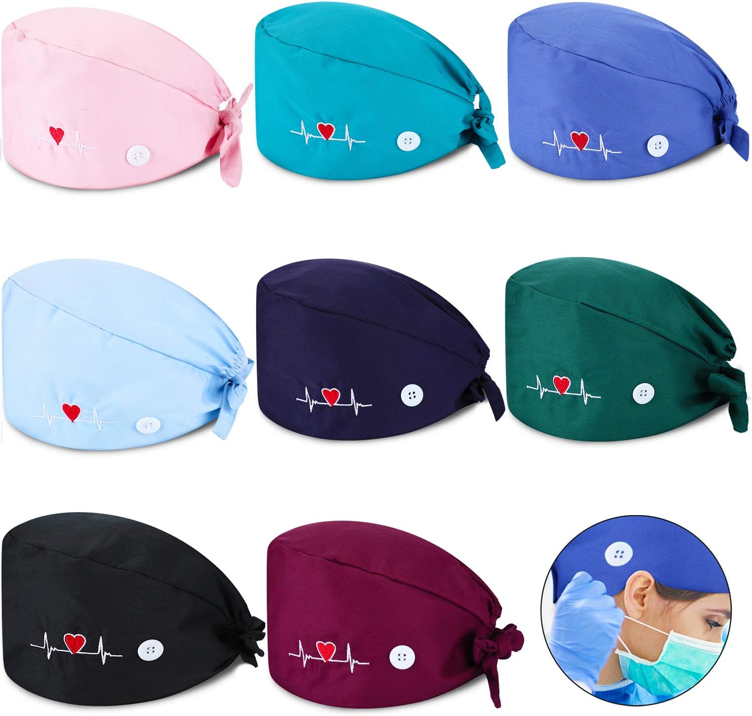 Amazon.com: SATINIOR 8 Pieces Bouffant Caps with Buttons Sweatband Tie ...