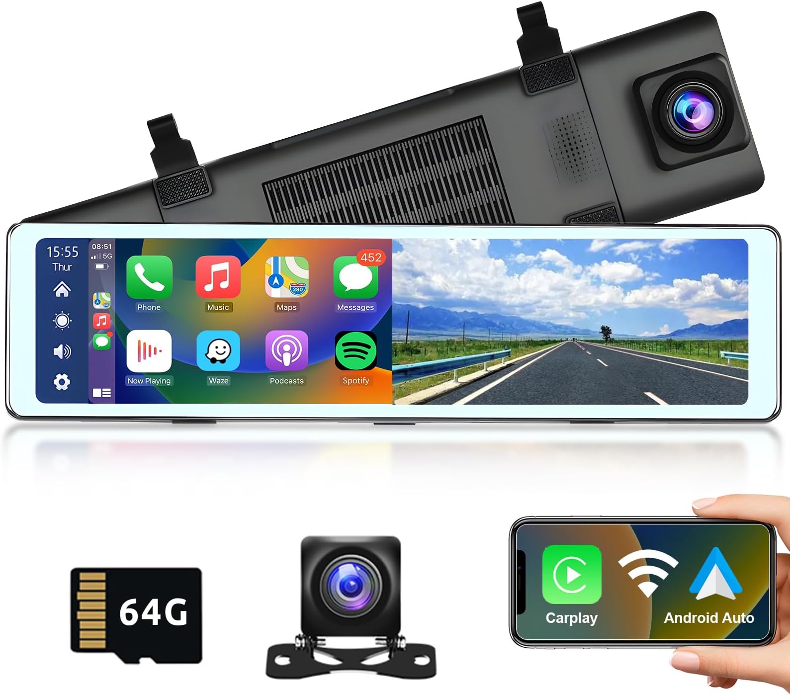 Amazon.com: Wireless Apple Carplay Android Auto Dash Cam Mirror, podofo ...