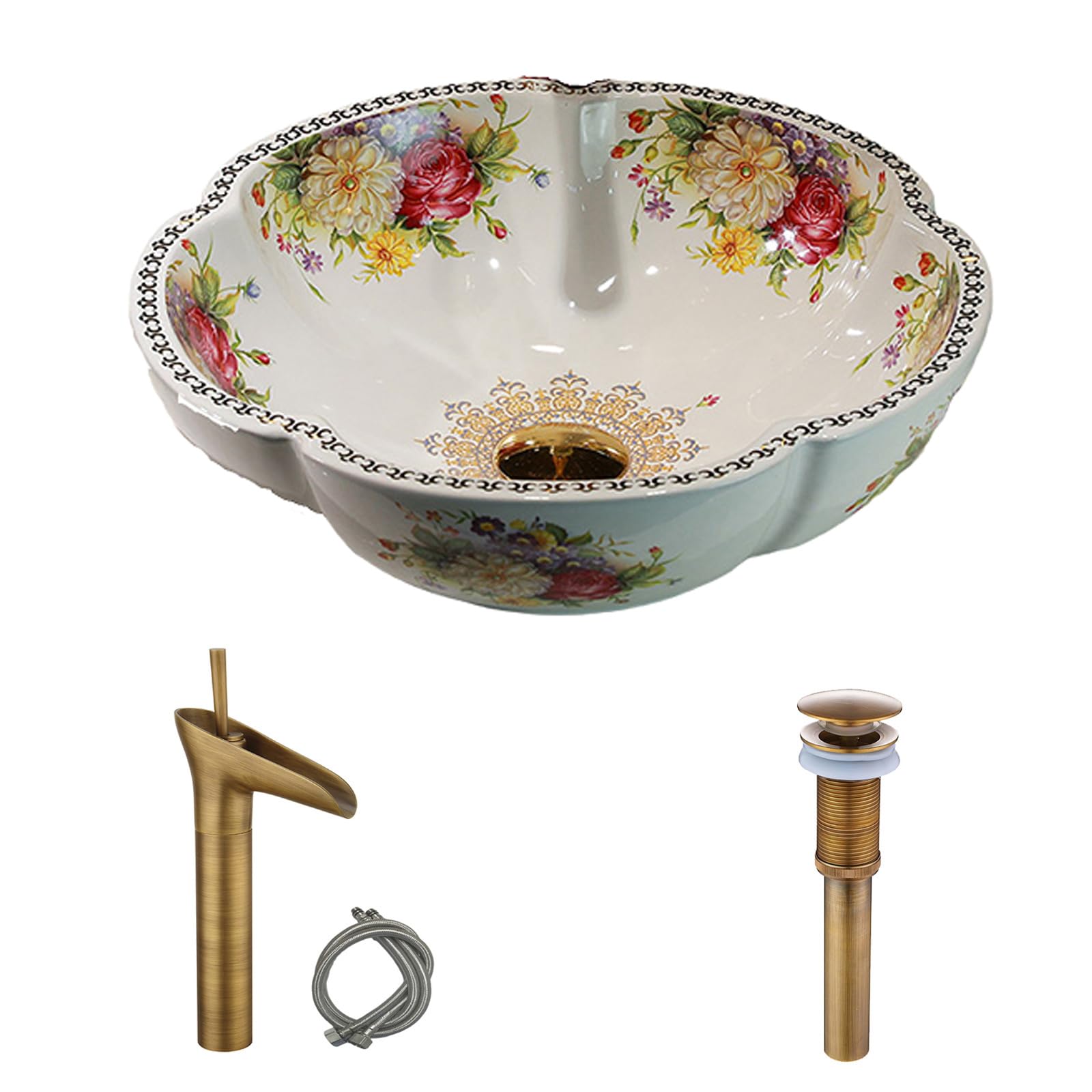 Peony Flower America Style Bathroom Vessel Sink with Brass Waterfall ...