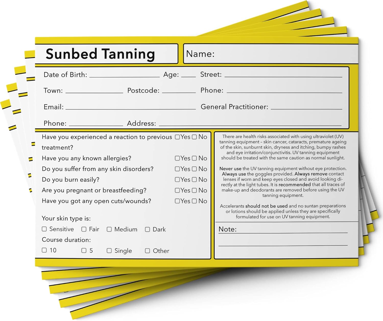 Sunbed Tanning Client Cards GDPR A6 Size - Salon and Therapist Customer ...