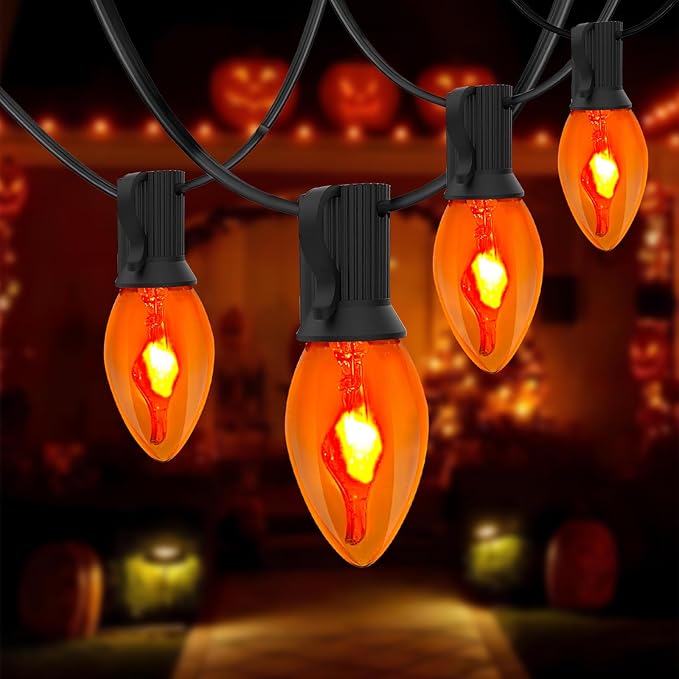 Orange Halloween Lights, 25Ft C7 Outdoor Halloween Orange Flickering ...