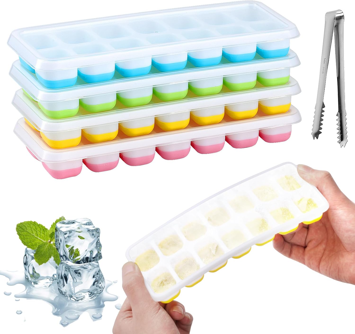 4 Pcs Ice Cube Tray with Lid, Silicone Trays with 14 Compartments ...