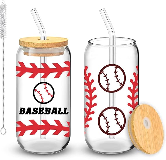 Amazon.com | fallingstar 2 Pack Baseball Glass Cups 16 oz with Lid and ...