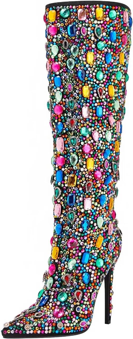 Amazon.com | Lunhonk Women's Colorful diamond Knee High Boots Sparkly ...