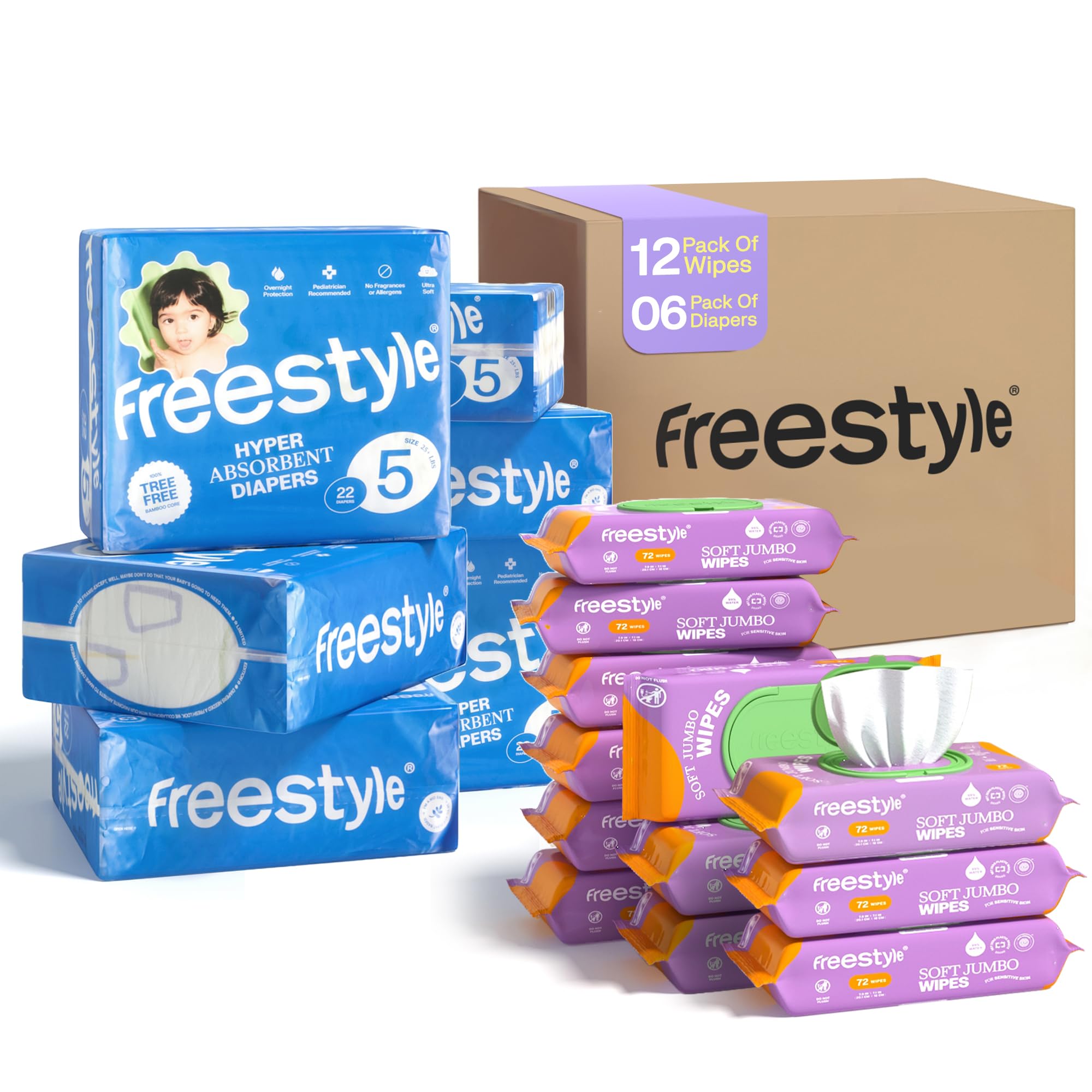 Amazon.com : Freestyle Diapers Size 5 (Pack of 6) and Jumbo Wipes (Pack ...