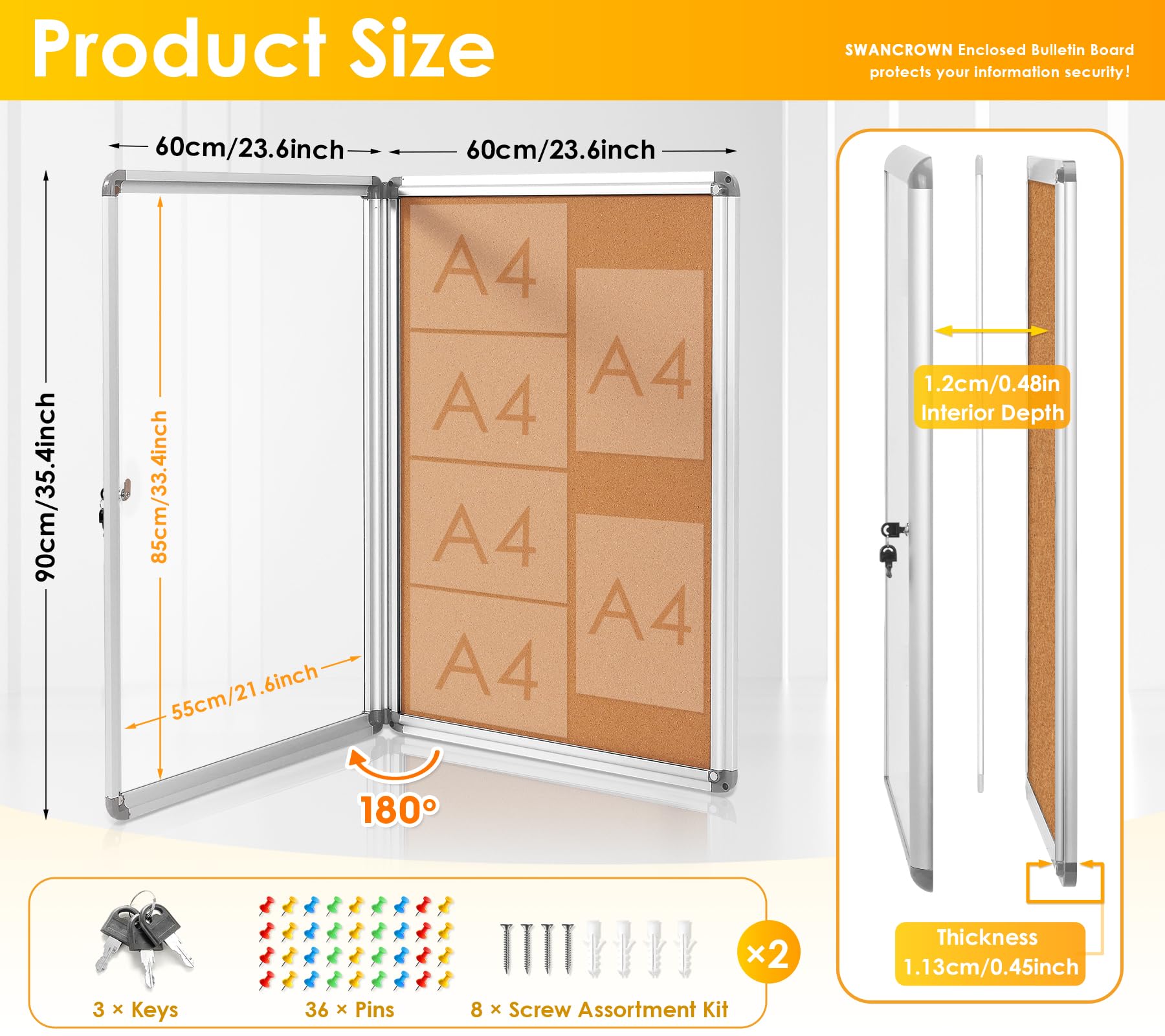 Snapklik.com : SWANCROWN Enclosed Bulletin Board 36x24 In, Tamperproof ...