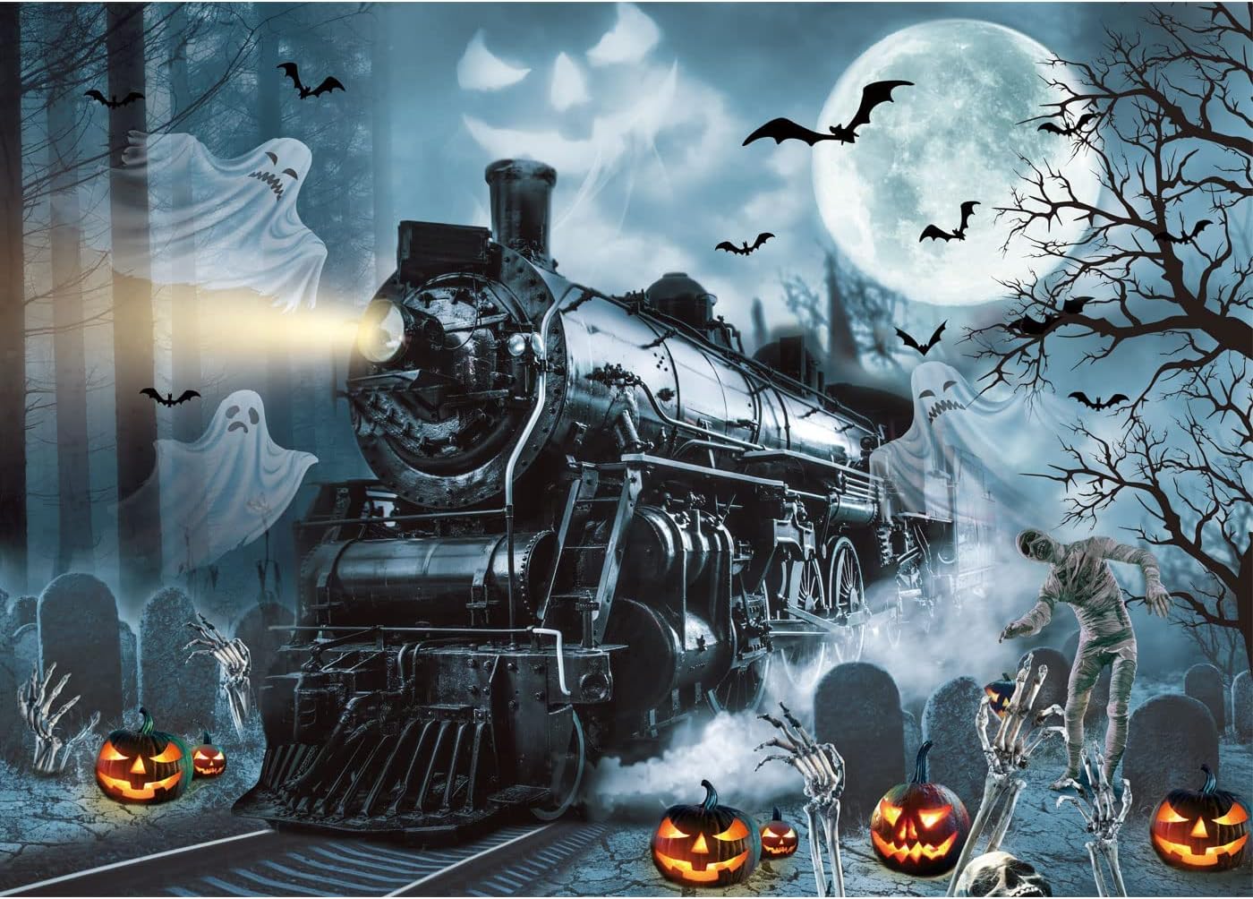 Amazon.com : Maijoeyy 7x5ft Halloween Backdrop Spooky Ghost Train Theme ...