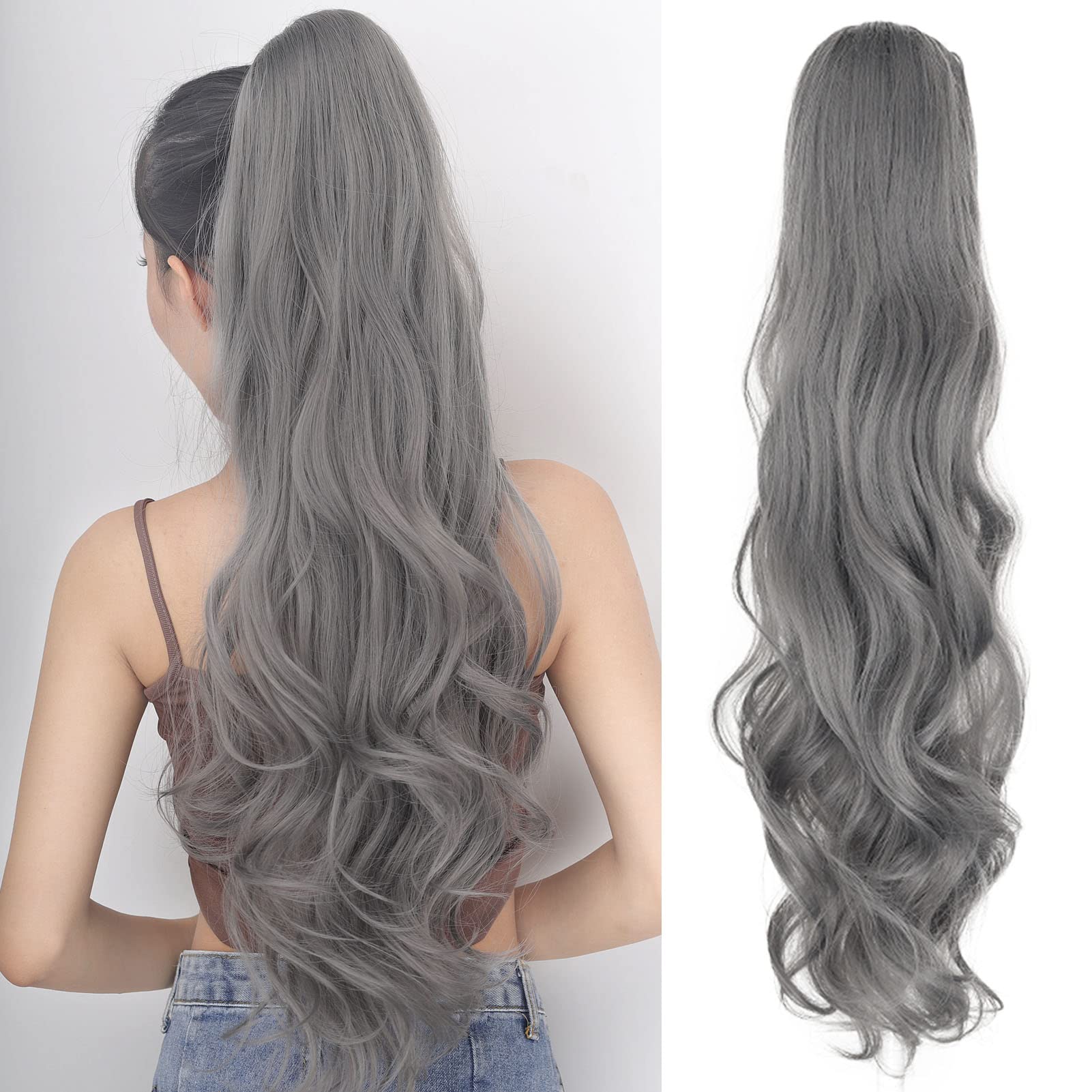 Wavy Drawstring Ponytail Extension Clip In Pony Tail Granny Grey 28" 5. ...