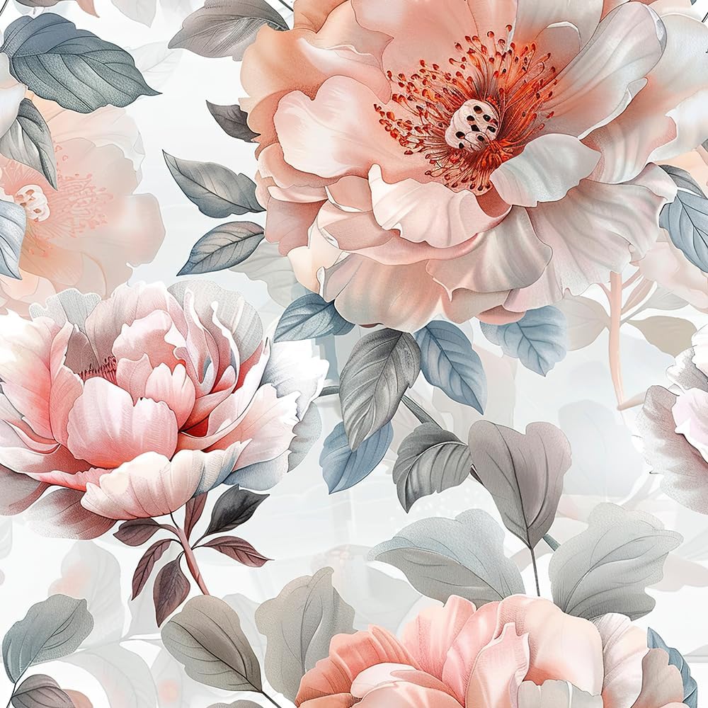 REDAMANCY Boho Neutral Gray Pink Peony Flower Vintage Peel and Stick ...