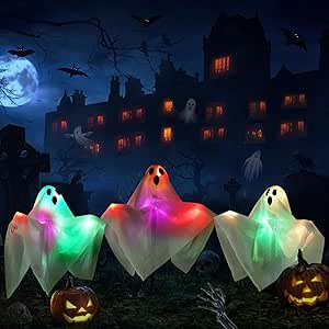 NEXVIN Halloween Decorations - 3 Pack Ghost Battery Stakes Lights with ...