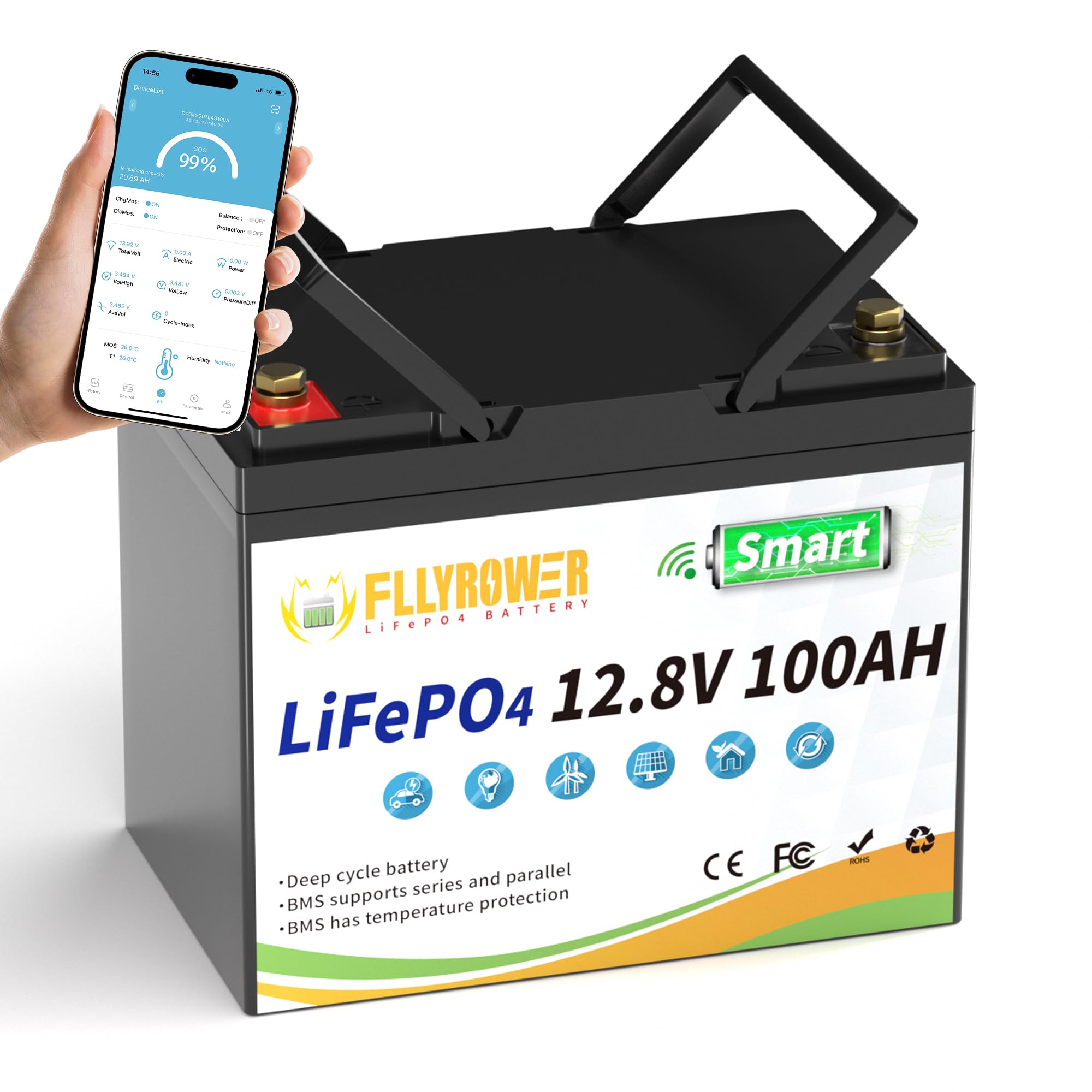 Amazon.com: FLLYROWER Lithium Battery 12V 100AH With Smart BMS and ...