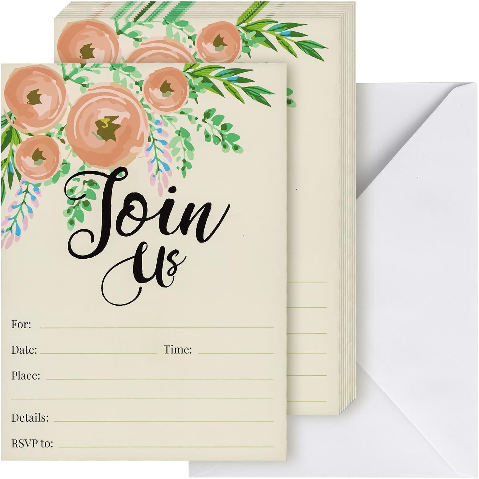 Watercolor Join Us Invitation Cards - 50 Fill-In Floral Classy Invites ...