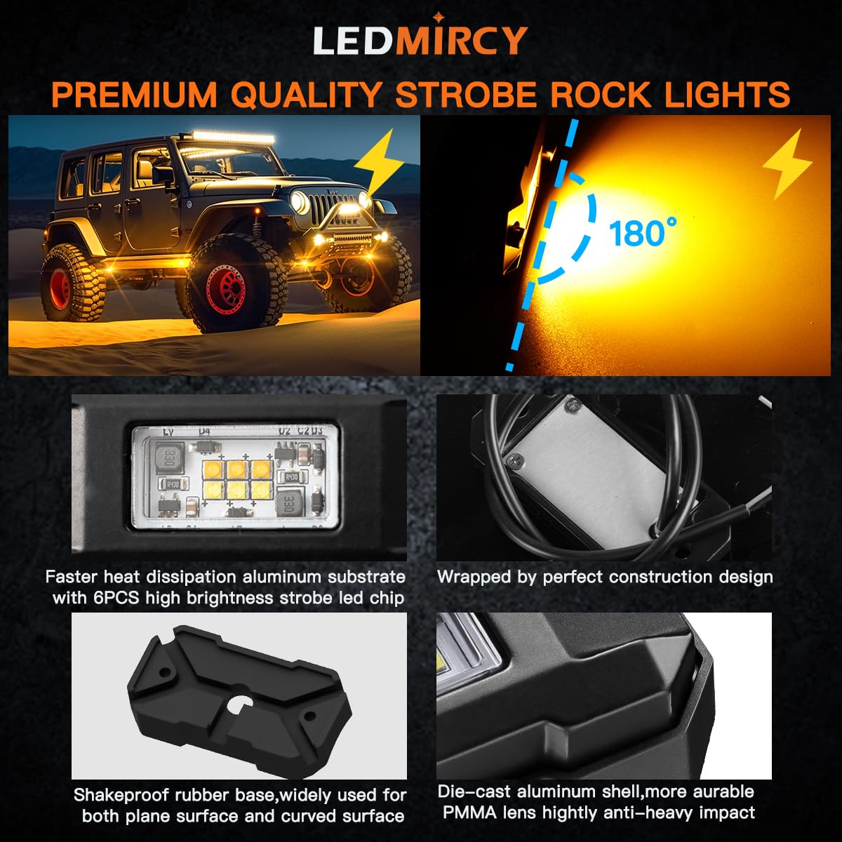 LEDMIRCY Switchback LED Rock Lights Kit White/Amber Strobe with Wiring ...