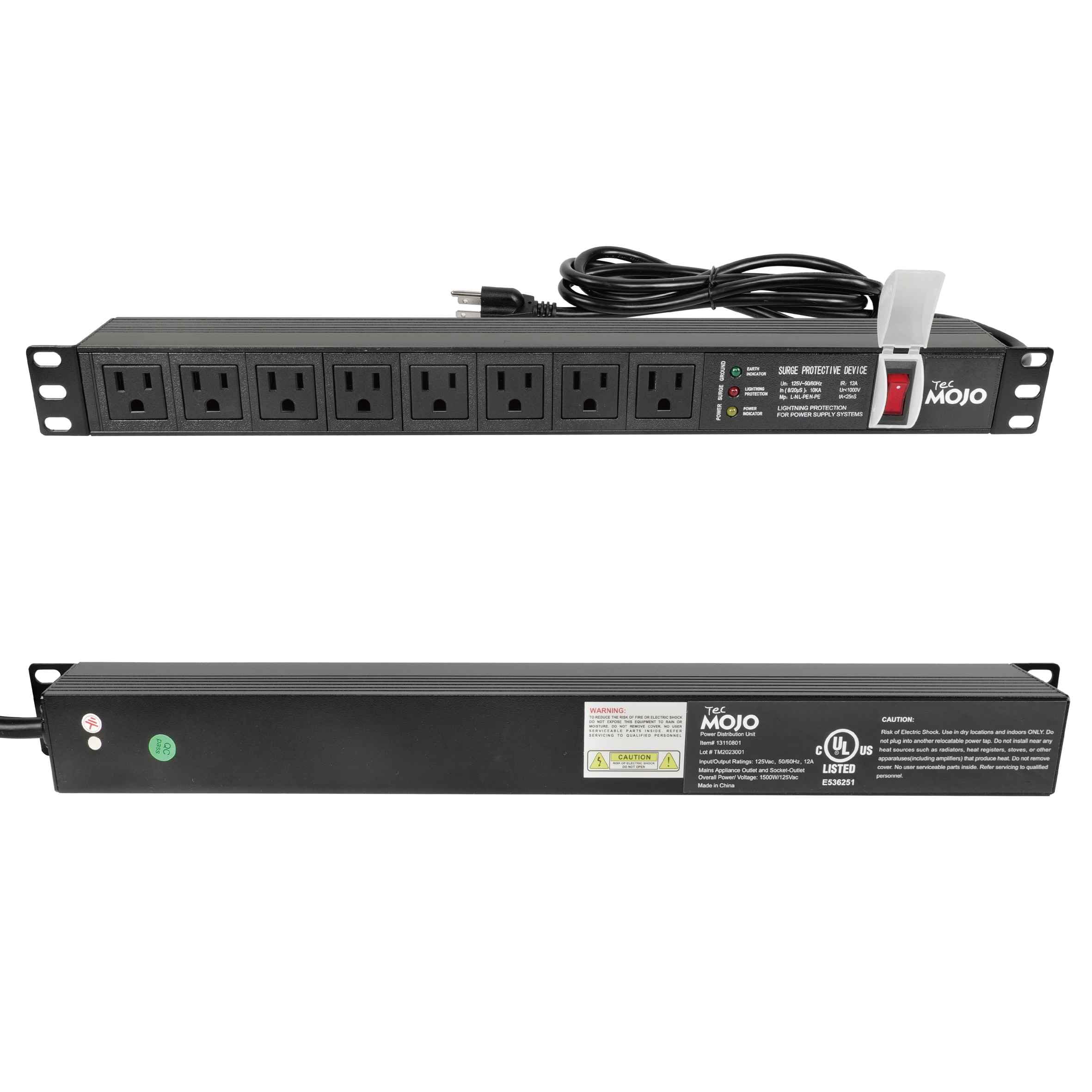 1U Rack-Mount Horizontal 8-Outlet Power Strip UL Listed PDU with Surge ...