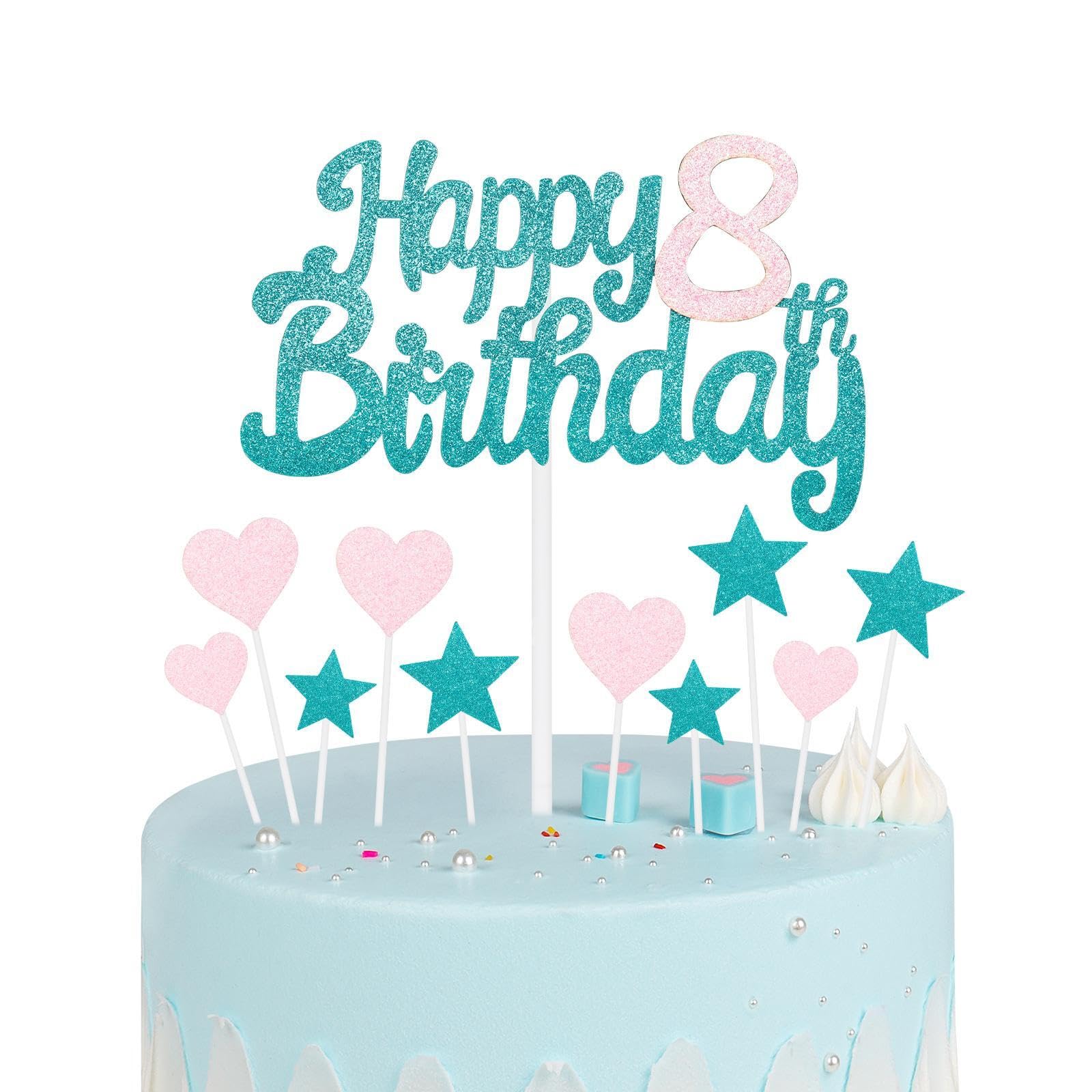 Amazon.com: iNINGER Blue Pink 8th Birthday Cake Cupcake Topper,Girls ...