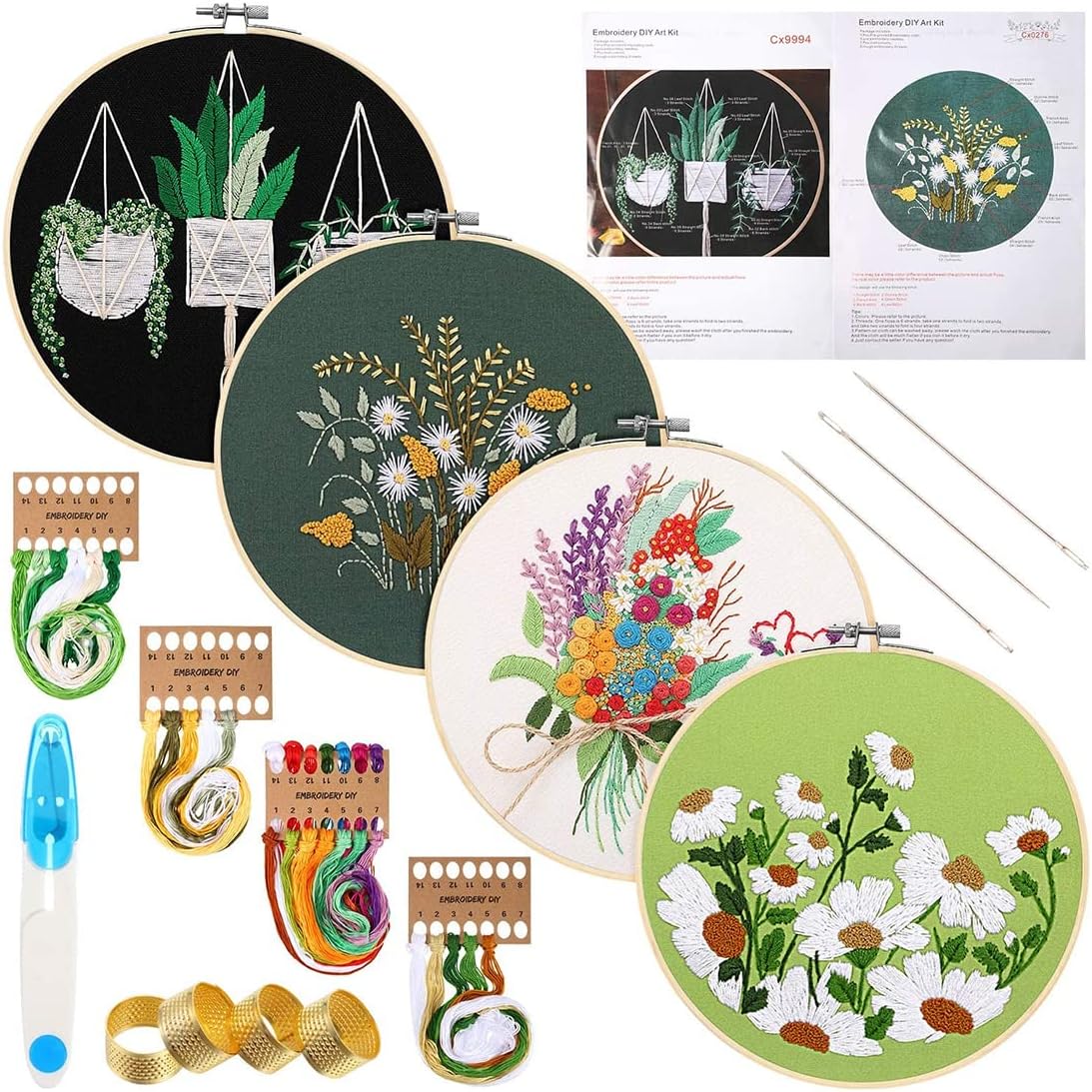 4 Sets Kit de Démarrage de Broderie Kit d'Outils de Broderie Florale ...