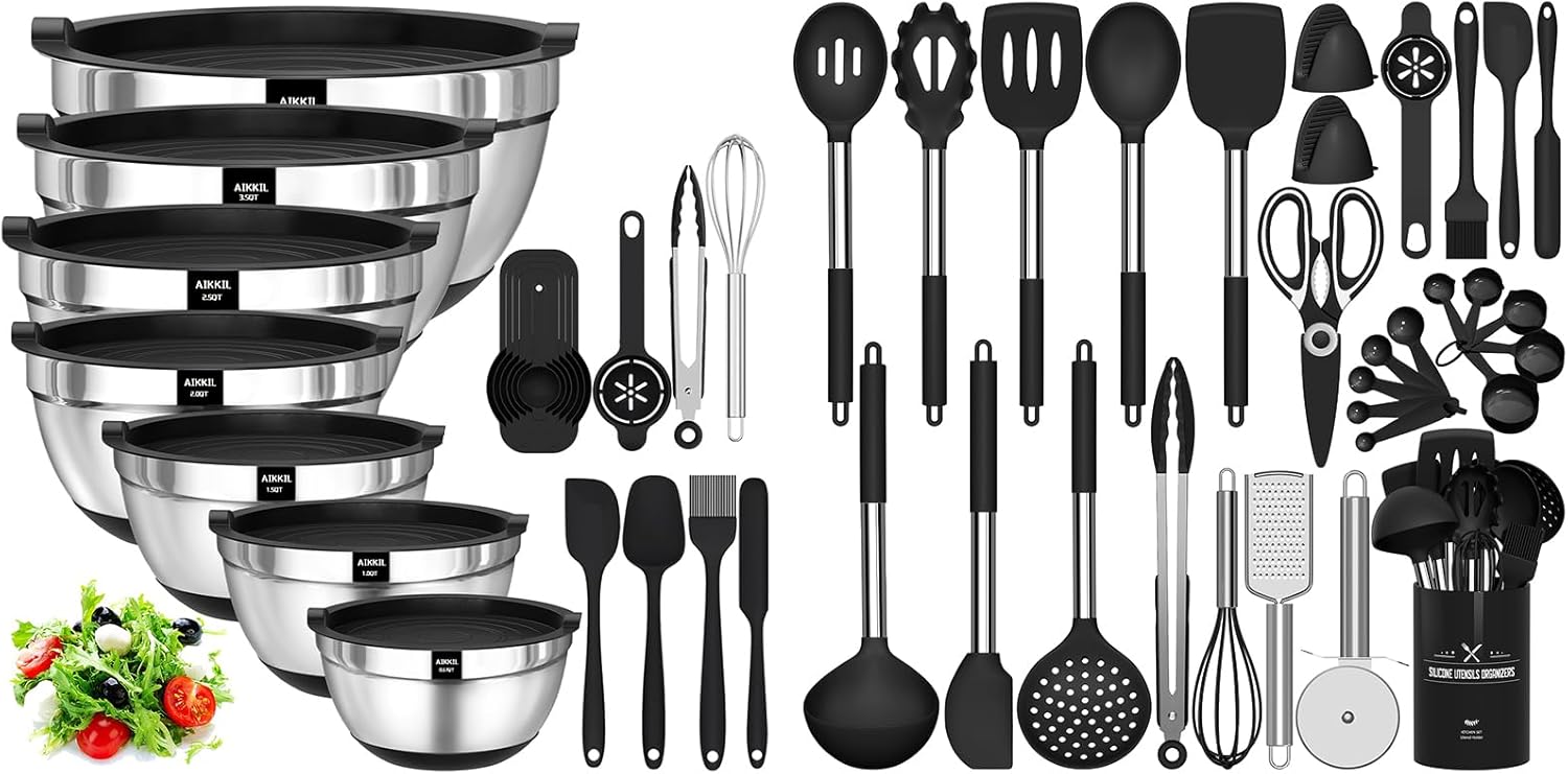 Amazon.com: AIKKIL Mixing Bowls and 30PCS kitchen Cooking Utensils Set ...