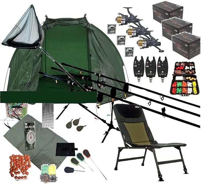 Mega Full Carp Fishing Set Up Chair Rods, Reels, Alarms,Net,Handle,Bait ...