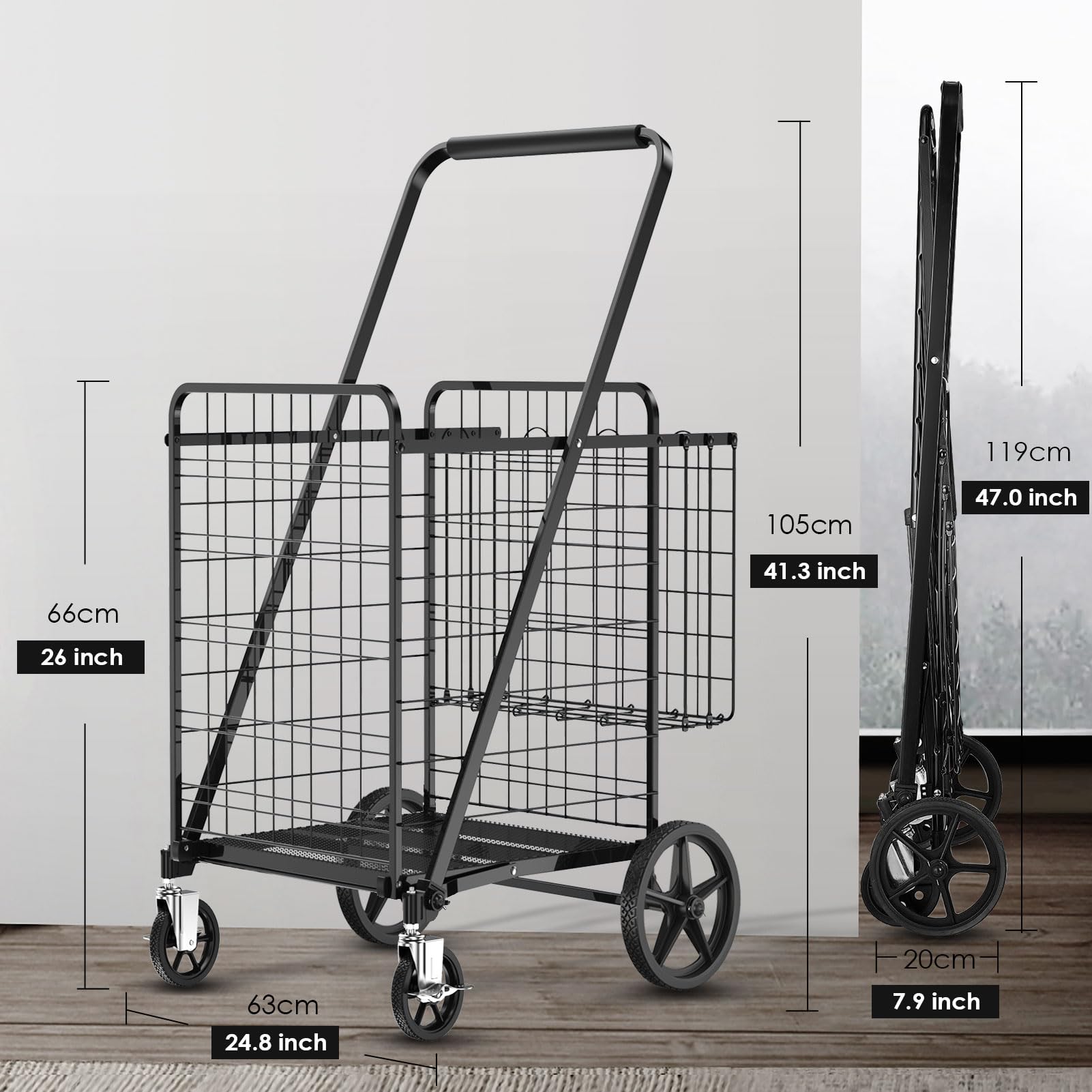 XING LANG Folding Shopping Cart with 360Â° Rolling Swivel Wheels ...
