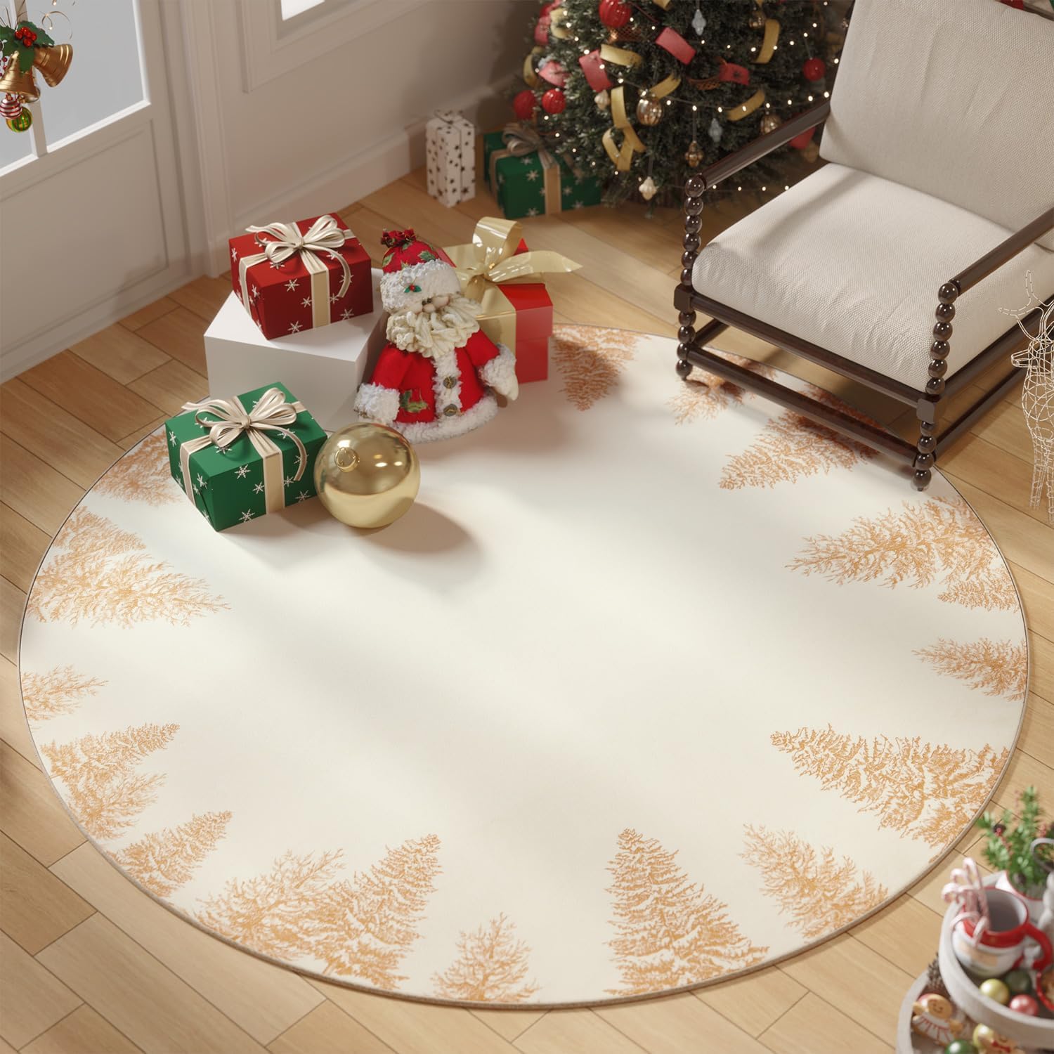 Amazon.com: jinchan Christmas Round Rug 5ft Area Rug Gold Xmas Tree Rug ...