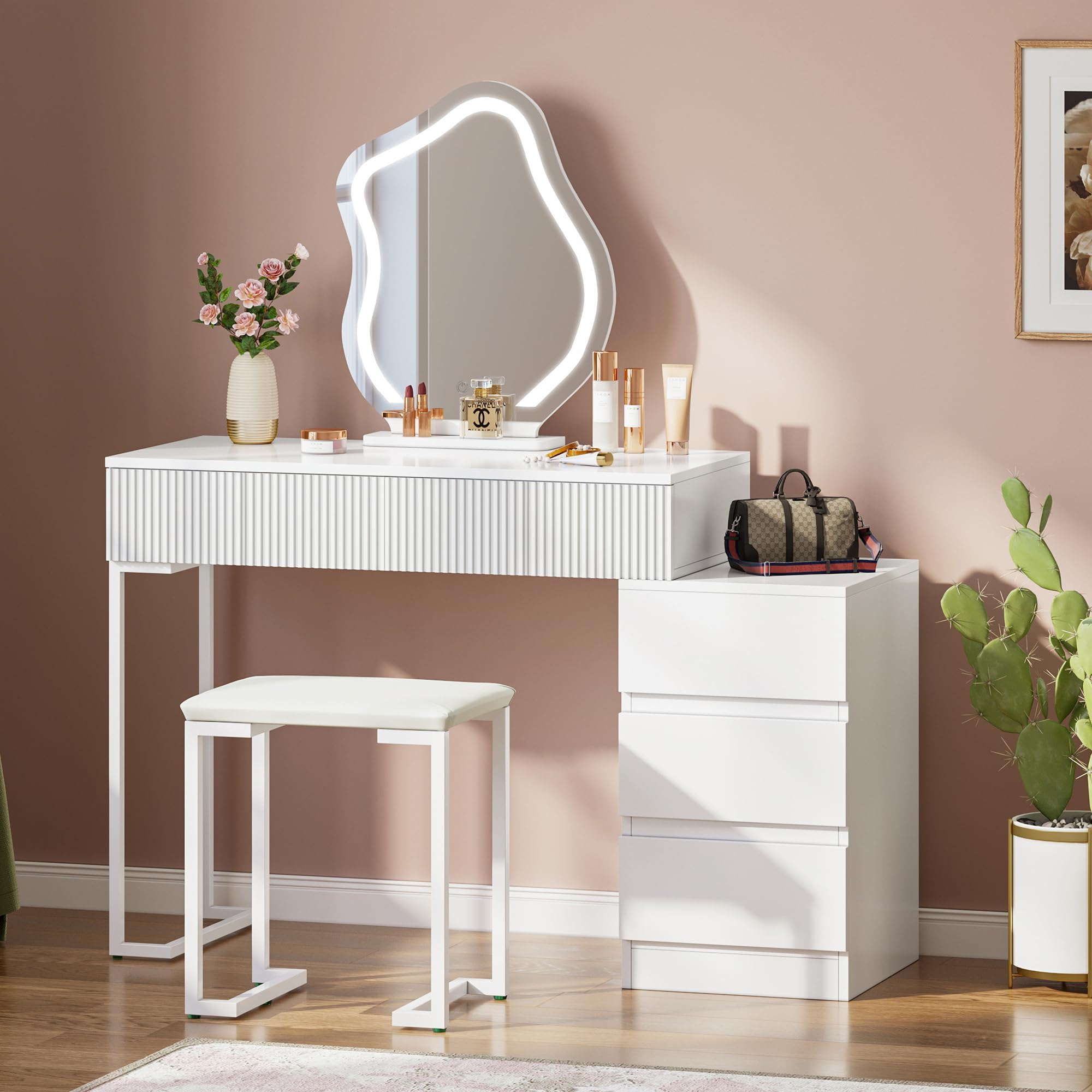 JIANRUI Dressing Table Glossy White, Makeup Tables with Mirror & Stool ...