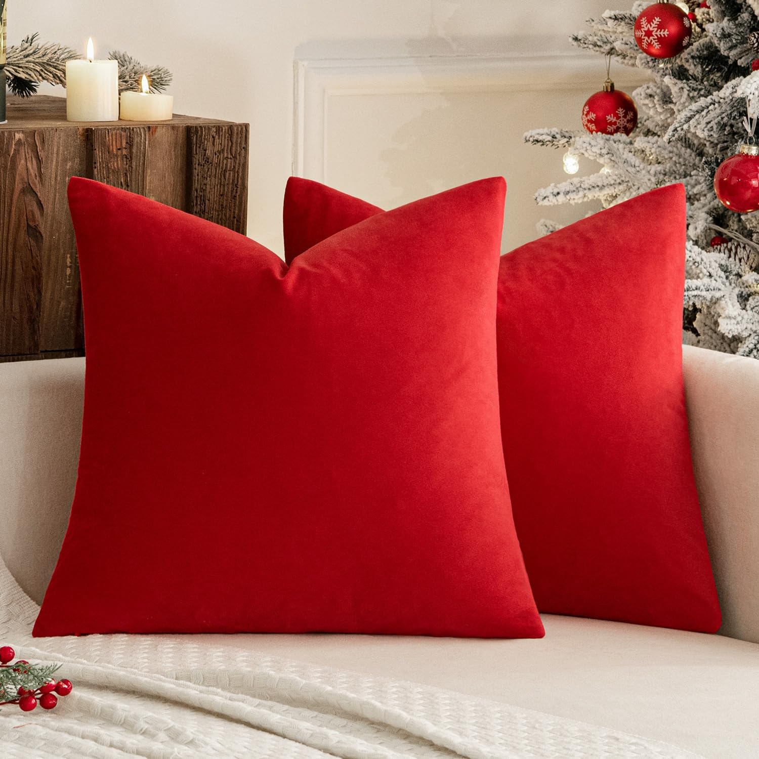 Amazon.com: MIULEE Pack of 2 Christmas Bright Red Velvet Throw Pillow ...