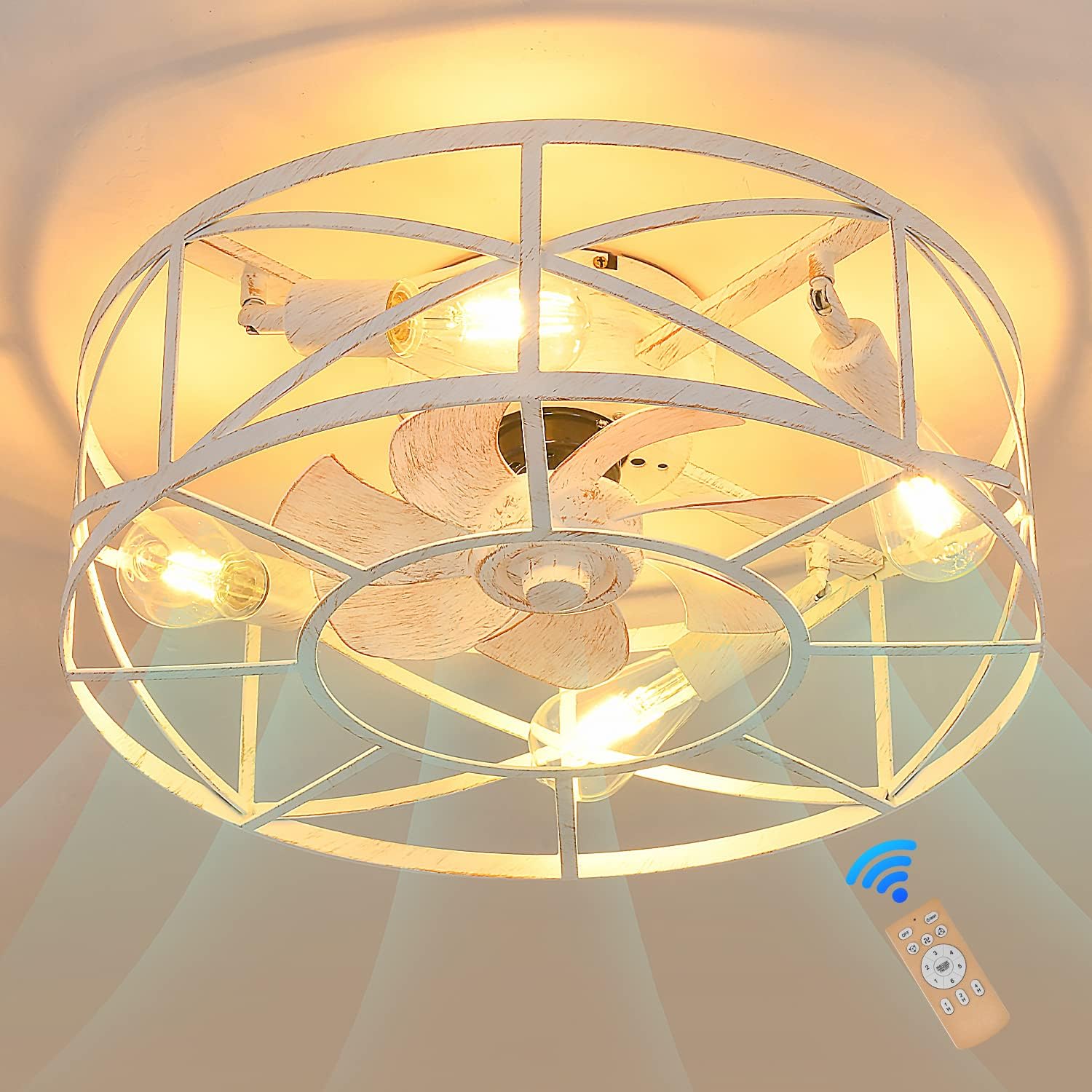 Retro Caged Ceiling Fan with Light Flush Mount 20", Ultra Quiet 6-Speed ...