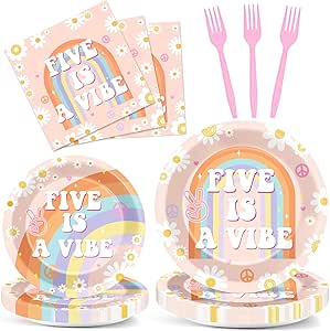 Amazon.com: 96Pcs Five is a Vibe Party Supplies Boho Groovy 5th Birthday Tableware Set Groovy ...