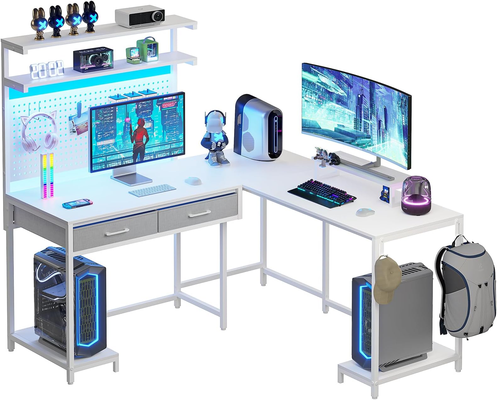 Amazon.com: SEDETA White L Shaped Gaming Desk with LED Lights and ...