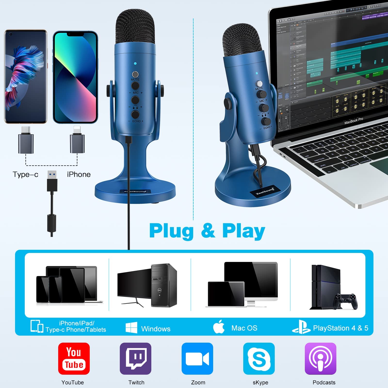 Snapklik.com : ZealSound USB Microphone,Condenser Gaming Mic For Phone ...