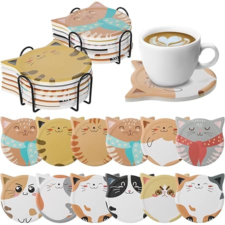 Amazon.com: 6 Pcs Cute Coasters Funny Cat Coasters with Holder ...