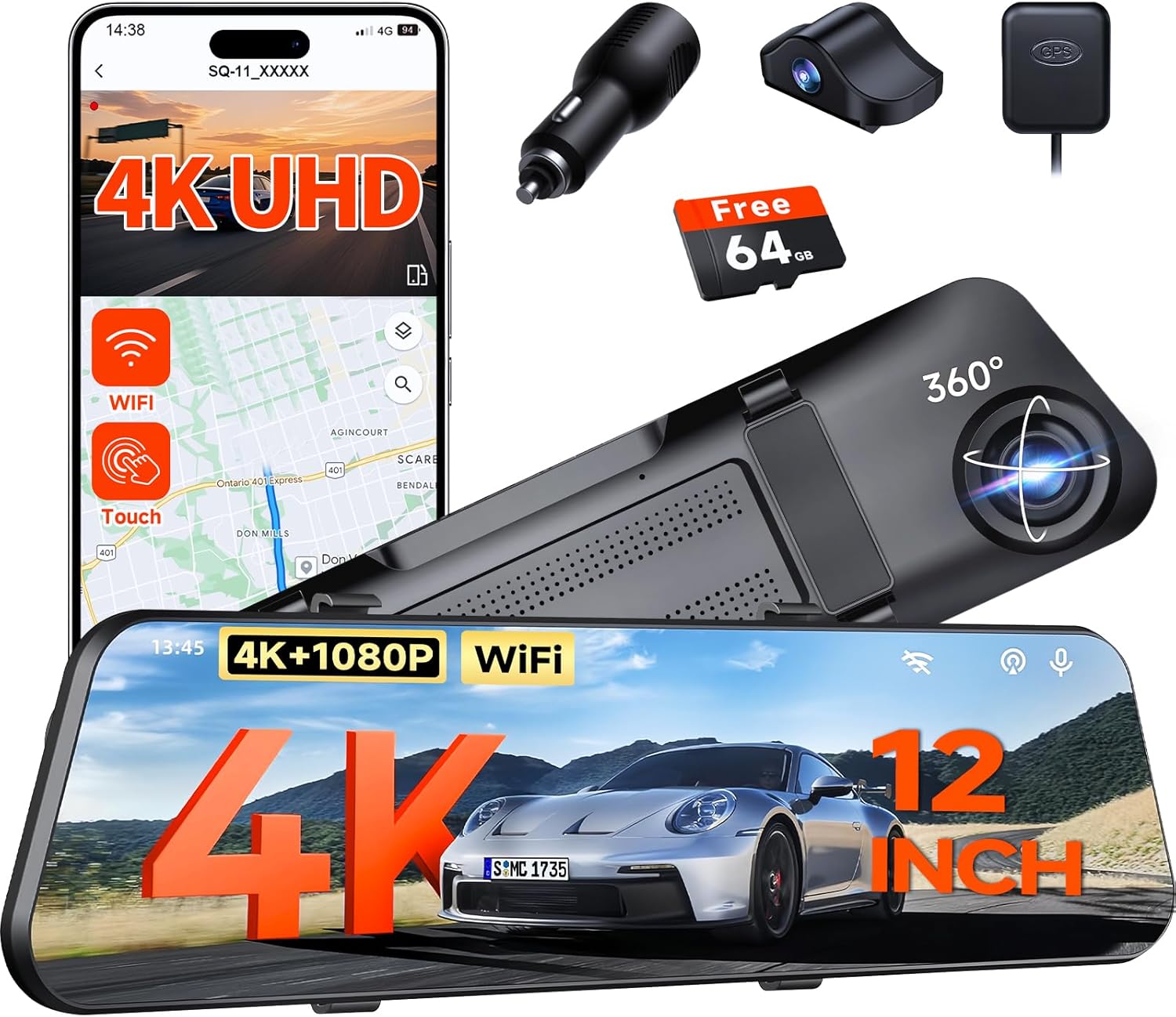 Amazon.com: 12" 4K Mirror Dash Cam,Rear View Mirror Camera,Smart Touch ...