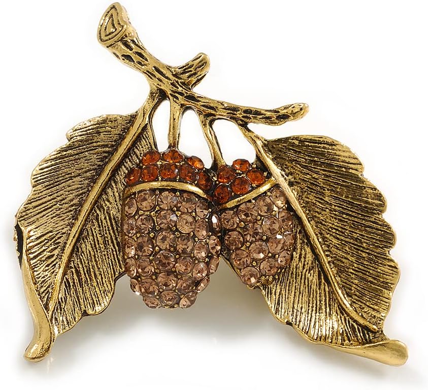 Amazon.com: Avalaya Vintage Inspired Crystal Acorn Brooch in Aged Gold ...