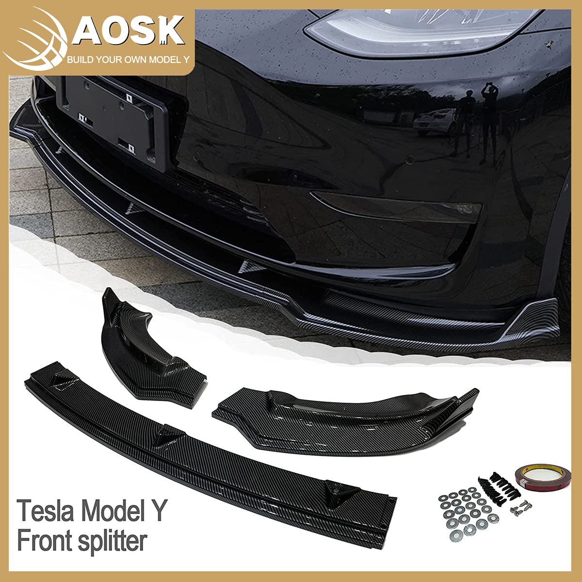 Buy Tesla Model Y front lip spoiler 3 Pieces Style ABS with Carbon ...