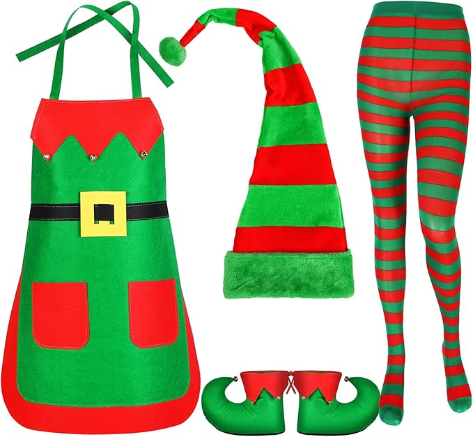 Amazon.com: 4 Pcs Women Christmas Elf Apron Costume Set Santa Apron ...