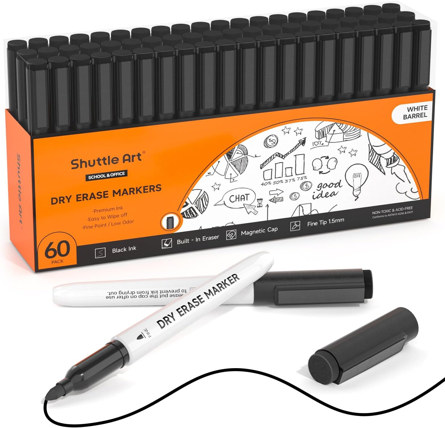 Black Dry Erase Markers, Shuttle Art 60 Pack Magnetic Whiteboard ...