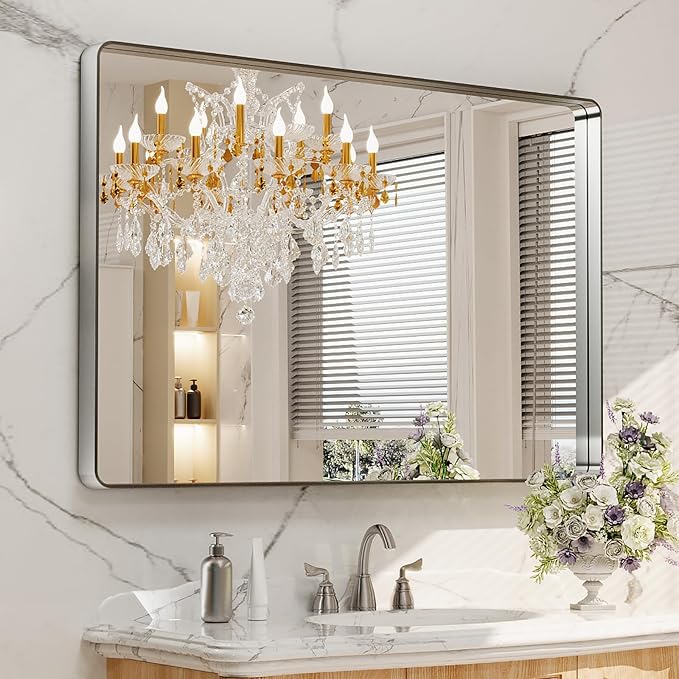Amazon.com: LOAAO 48X30 Inch Brushed Nickel Bathroom Mirror, Rounded ...