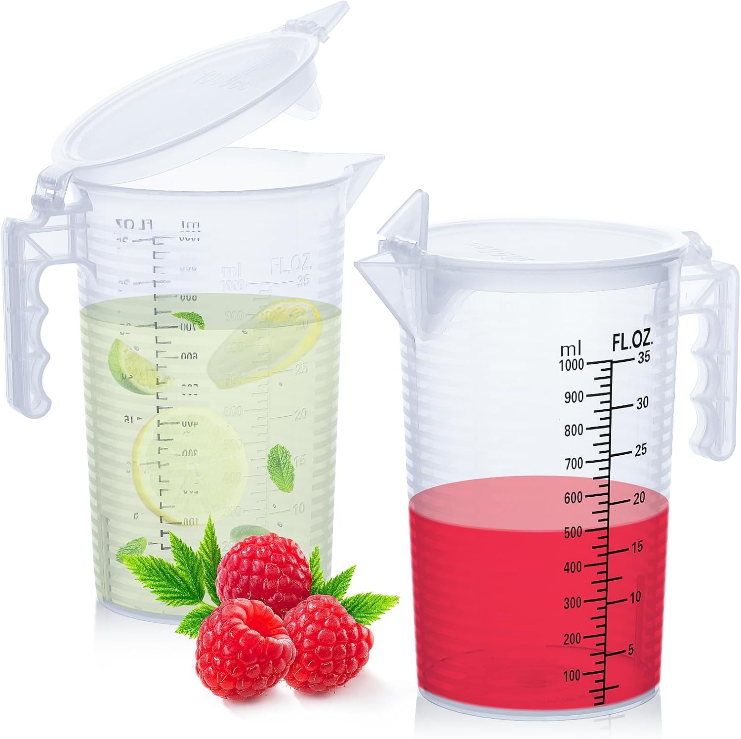 Plastic Measuring Jugs with Filter Lids - 2 Pack 1000ml Large Measuring ...